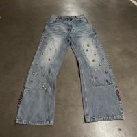 China Manufacture Custom High Quality Streetwear Man Rhinestone Acid Wash Wide Leg Pants Vintage Denim Diamond Distressed Style Jeans for sale
