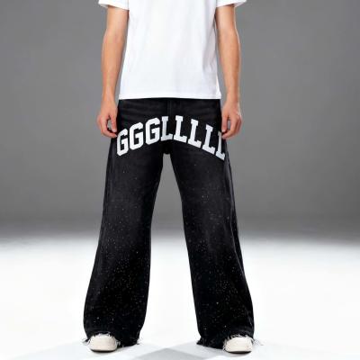 China Factory Custom Streetwear Rhinestone Wide Leg Denim Jeans Baggy Sweatpants Distressed Cropped Printed Acid Wash Sweat Pants Men for sale