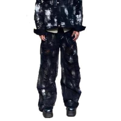 China 2025 New Trending Hip Hop Graffiti Paint Joggers Denim Jeans Acid Wash Sweat Pants for Men Distressed Straight Leg Jeans for sale