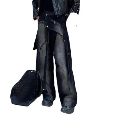 China Custom High Quality Vintage Acid Wash Wide Leg Men's Jeans Denim Sweat Pants for Men Black Collage Detachable Cargo Jeans for sale