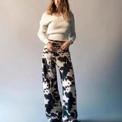 China Custom Casual Loose Wide Leg Acid Wash Baggy Cargo Sweat Pants Women Clothes Wholesale Printed Plus Size Women'S Jeans for sale