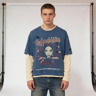 China Custom Cotton Thermal Waffle Knit Double Layer Long Sleeve Acid Washed Distressed Rips Print Rhinestone Oversize Boxy T-Shirt for sale