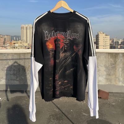 China Custom logo Graphic Graffiti Acid Wash Basic Personalized Men's Double Layer Long Sleeve T-Shirt Oversized Rhinestone Tshirt for sale
