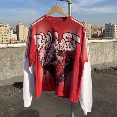 China Custom Screen Print Stripe Vintage Acid Wash Double Layer XL-3XL Size Long Sleeve T-Shirt Streetwear Cotton Cropped Boxy Tshirt for sale