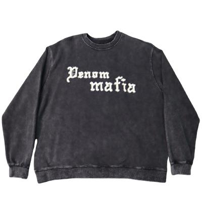 China Custom Applique Embroidery Sweatshirt High Quality Acid Wash Plus Size 100%Cotton Casual Long Sleeve T-Shirt for Men for sale