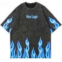 China Custom Graphic 230 Gram 100% Cotton Heavyweight Fire Printed T-Shirt Streetwear Oversized Fit Y2k Mens Acid Wash T Shirt for Men for sale