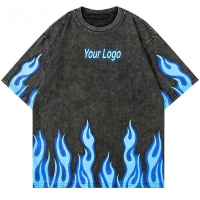China Custom Graphic 230 Gram 100% Cotton Heavyweight Fire Printed T-Shirt Streetwear Oversized Fit Y2k Mens Acid Wash T Shirt for Men for sale