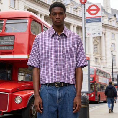 China Customized Dtg Print Summer Men Casual Shirts Button up Short Sleeve Fit Streetwear Outfit Check Plaid Boxy Outwear Men's Shirt for sale