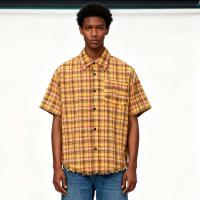 China Wholesale Custom Vintage Frayed Edge Button Summer Shirts for Men Plain Plaid Short Sleeve Casual Streetwear Basics Formal Shirt for sale