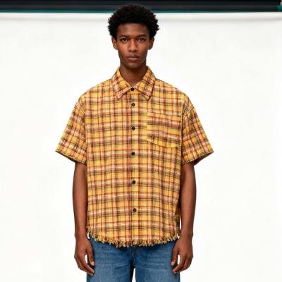 China Wholesale Custom Vintage Frayed Edge Button Summer Shirts for Men Plain Plaid Short Sleeve Casual Streetwear Basics Formal Shirt for sale