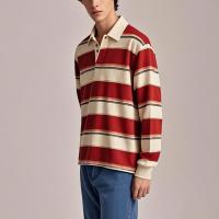 China Streetwear Heavyweight Rugby Striped Printed Lapel Cotton Polo Shirts For Men Custom Boxy Button Up Long Sleeve T Shirt for sale