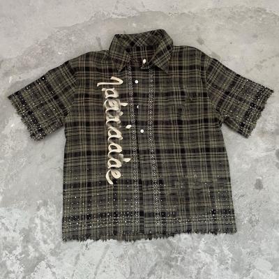 China Summer Hot Sale Custom Streetwear Oversize Cropped Flannel T Shirt for Men Cotton Embroidered Printed Plaid Rhinestone Shirt for sale