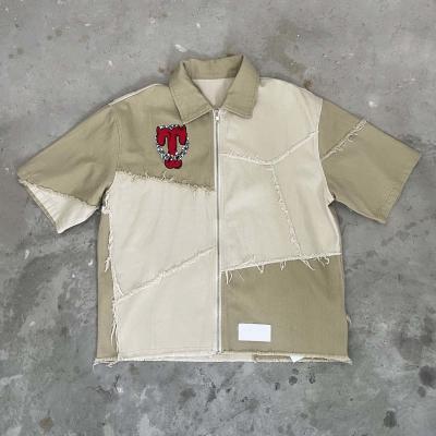 China Summer Short Sleeved Printed logo Streetwear Cropped Zip up Boxy Fit Polo Shirt High Quality Zipper Canvas Casual Hip Hop Shirt for sale