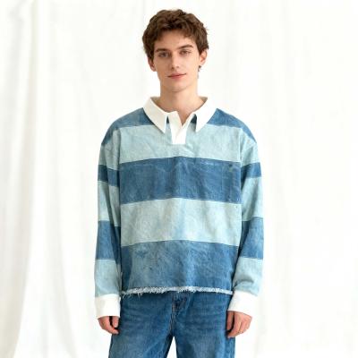 China Custom Streetwear Polo T Shirt Acid Wash Denim Rugby Heavyweight Printed Long Sleeve Plain T-Shirt Cotton Cropped Shirt for Men for sale