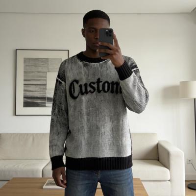 China Custom Vintage High Quality Jumper Top Tie Dye Jacquard Distressed Knit Crew Neck Streetwear Heavyweight Pullover Men's Sweater for sale