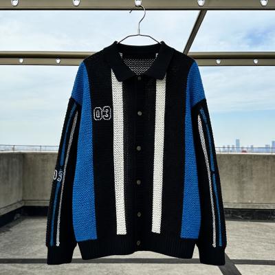 China Custom Knit Cardigan Sweater Single Button Blue Brown Hollow Long Sleeve Jacquard Fashion Streetwear Spring Winter Top for Men for sale