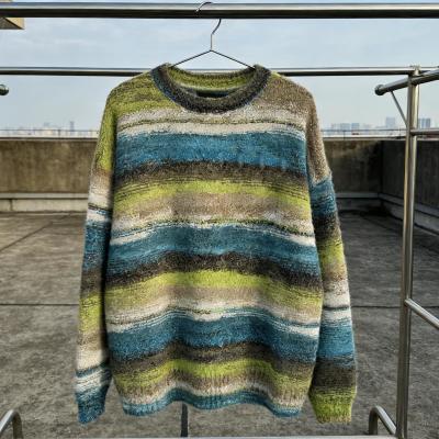China Custom Men's Unisex Gradient Striped Crew Neck Knit Sweater Jumper Oversized Winter Autumn Fleece Long Sleeve Pullover Top for sale