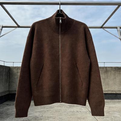 China Custom Winter Stand-Up Collar Zip up Cardigan Sweater Knit Wool Cashmere Blend Thick Solid Warm Turtleneck Casual Knitwear Coat for sale