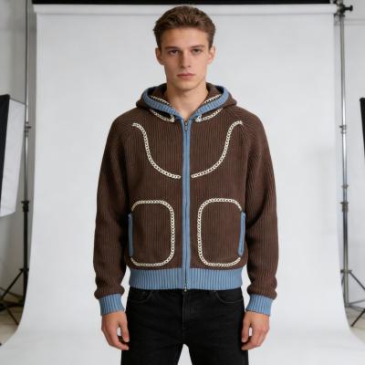 China Custom Logo Design Knitted Long Sleeve Zip up Jacket Fashion High Quality Knitwear Coat Patchwork Crochet Oversized Men Sweater for sale