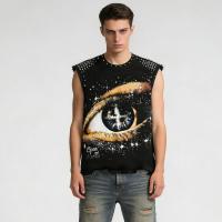 China Summer Streetwear Y2k Round Neck Raw Cut Edge Acid Wash Vintage Sleeveless Tshirt Custom Dtg Graphic Print Rhinestone tank Top for sale