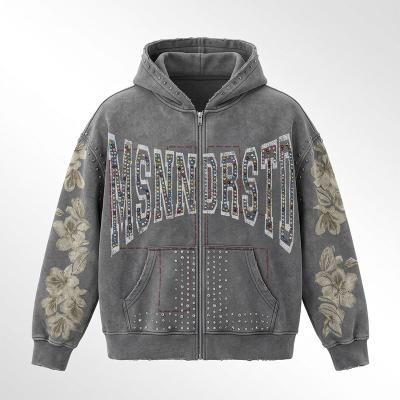 China Wholesale Custom Rhinestone Digital Printing Logo Vintage Heavyweight Hoodie Men 100%Cotton for sale