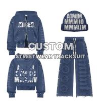 China Manufacturer Custom Sweatsuit | Rhinestone Streetwear Tracksuit | Oversized Baggy Cropped Acid Wash Flared Sweatpants and Hoodie Set for sale