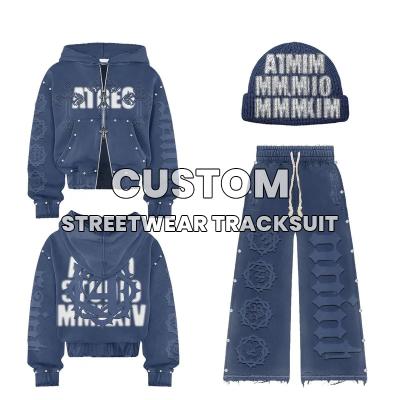 China Manufacturer Custom Sweatsuit | Rhinestone Streetwear Tracksuit | Oversized Baggy Cropped Acid Wash Flared Sweatpants and Hoodie Set for sale