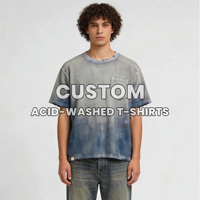 China High Quality Acid Wash Waffle Fabric Summer Tee Shirt | Custom Vintage Cropped Boxy Oversized Men Tshirt for sale
