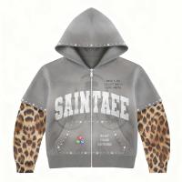 China 2026 Trending Vintage Oversize Heavyweight Men's Hoodies & Sweatshirts | Custom Rhinestone Zip up Leopard Double Layer Long Hoodie for sale