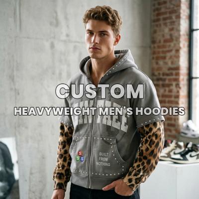 China 2026 Trending Vintage Oversize Heavyweight Men's Hoodies & Sweatshirts | Custom Rhinestone Zip up Leopard Double Layer Long Hoodie for sale