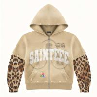 China 2026 Trending Vintage Oversize Heavyweight Men's Hoodies & Sweatshirts | Custom Rhinestone Zip up Leopard Double Layer Long Hoodie for sale