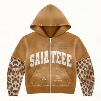China 2026 Trending Vintage Oversize Heavyweight Men's Hoodies & Sweatshirts | Custom Rhinestone Zip up Leopard Double Layer Long Hoodie for sale