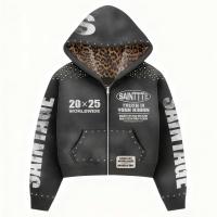 China Custom Vintage Men's Distressed Zip up Heavyweight Hoodie | Rhinestone Leopard Print Oversized Acid Wash Hoodies Men Streetwear for sale