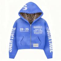 China Custom Vintage Men's Distressed Zip up Heavyweight Hoodie | Rhinestone Leopard Print Oversized Acid Wash Hoodies Men Streetwear for sale