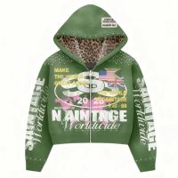 China Custom Vintage Men's Distressed Zip up Heavyweight Hoodie | Rhinestone Leopard Print Oversized Acid Wash Hoodies Men Streetwear for sale