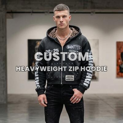 China Custom Vintage Men's Distressed Zip up Heavyweight Hoodie | Rhinestone Leopard Print Oversized Acid Wash Hoodies Men Streetwear for sale