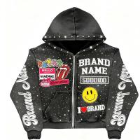 China High Quality 100% Cotton Distressed Zip up Acid Wash Men's Hoodie Manufacturer Custom Heavyweight Stitch Rhinestone Sweatshirt for sale