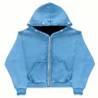China High Quality 100% Cotton Distressed Zip up Acid Wash Men's Hoodie Manufacturer Custom Heavyweight Stitch Rhinestone Sweatshirt for sale