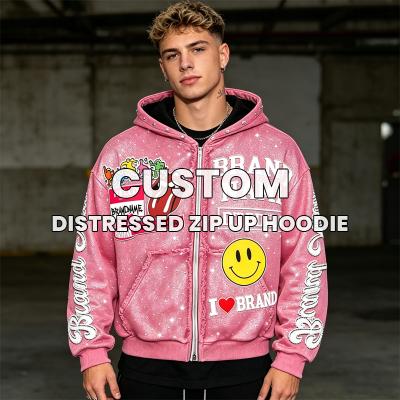 China High Quality 100% Cotton Distressed Zip up Acid Wash Men's Hoodie Manufacturer Custom Heavyweight Stitch Rhinestone Sweatshirt for sale
