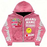 China High Quality 100% Cotton Distressed Zip up Acid Wash Men's Hoodie Manufacturer Custom Heavyweight Stitch Rhinestone Sweatshirt for sale