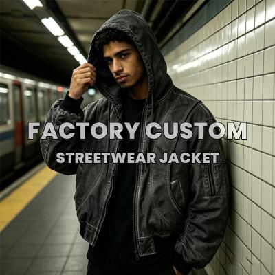 China Mingarment Custom Streetwear Hooded Bomber Jacket | Acid Wash Vintage Black Hooded Bomber Jacket for Men | OEM/ODM Streetwear Factory for sale