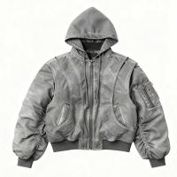 China Mingarment Custom Streetwear Hooded Bomber Jacket | Acid Wash Vintage Black Hooded Bomber Jacket for Men | OEM/ODM Streetwear Factory for sale