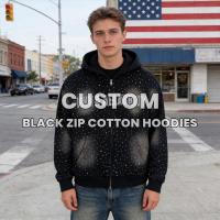 China Heavyweight Rhinestone Mens Clothing Streetwear Hip Hop Acid Wash Hoodie for Men Manufacturer Custom Zip up Black Cotton Hoodies for sale