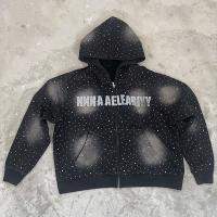 China Heavyweight Rhinestone Mens Clothing Streetwear Hip Hop Acid Wash Hoodie for Men Manufacturer Custom Zip up Black Cotton Hoodies for sale