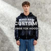 China distressed hoodie, rhinestone zip-up, vintage washed streetwear, men's oversized hoodie, grunge y2k hoodie for sale