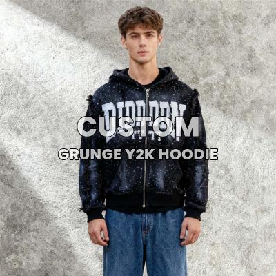 China distressed hoodie, rhinestone zip-up, vintage washed streetwear, men's oversized hoodie, grunge y2k hoodie for sale