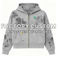 China Mingarment Custom Graffiti Print Zip Up Hoodie | Men's Streetwear Distressed Frayed Hood Sweatshirt | Factory OEM/ODM Acid Wash Splatter Paint Cropped Hooded Jacket for sale