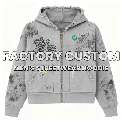 China Mingarment Custom Graffiti Print Zip Up Hoodie | Men's Streetwear Distressed Frayed Hood Sweatshirt | Factory OEM/ODM Acid Wash Splatter Paint Cropped Hooded Jacket for sale