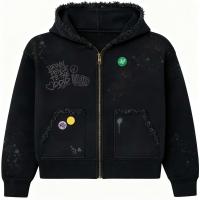 China Mingarment Custom Graffiti Print Zip Up Hoodie | Men's Streetwear Distressed Frayed Hood Sweatshirt | Factory OEM/ODM Acid Wash Splatter Paint Cropped Hooded Jacket for sale