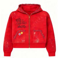 China Mingarment Custom Graffiti Print Zip Up Hoodie | Men's Streetwear Distressed Frayed Hood Sweatshirt | Factory OEM/ODM Acid Wash Splatter Paint Cropped Hooded Jacket for sale